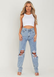 Lucie Light Blue Ripped Straight Leg Jeans | Missy Empire – MISSYEMPIRE